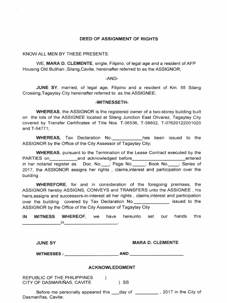 Deed of Assignment Sample | PDF | Assignment (Law) | Legal Ethics