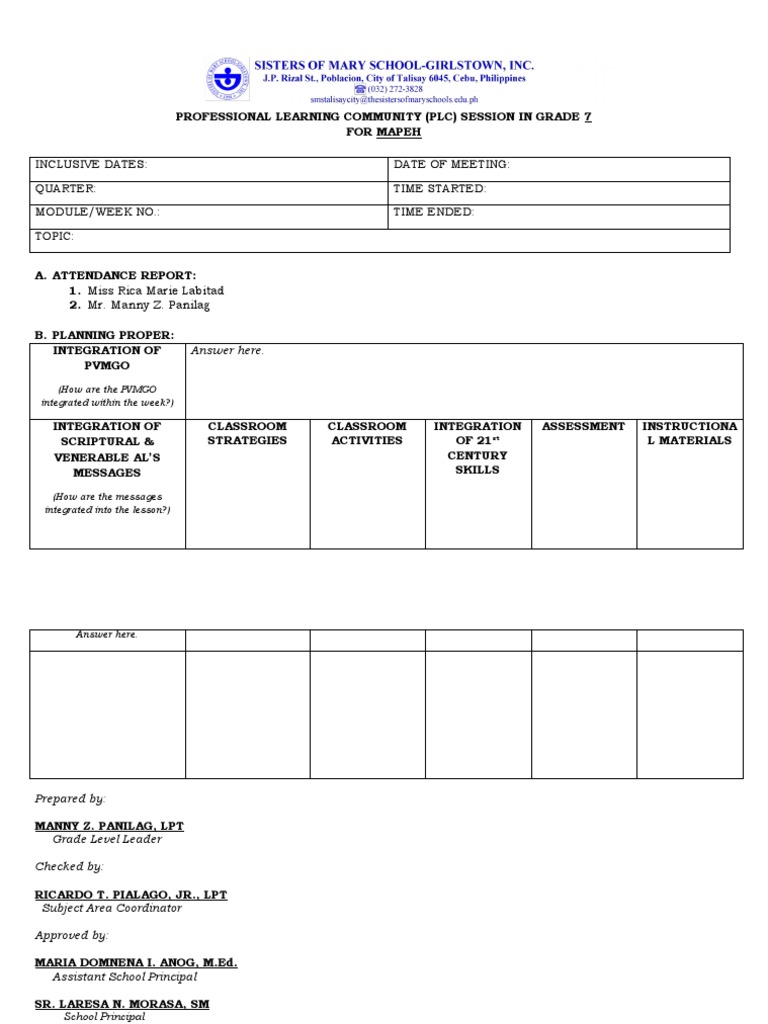 Inclusive Dates: Date of Meeting: Quarter: Time Started: Module/Week No ...