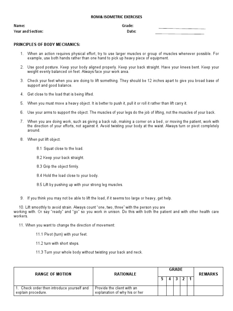 Principles of Body Mechanics:: Rom& Isometric Exercises | PDF ...