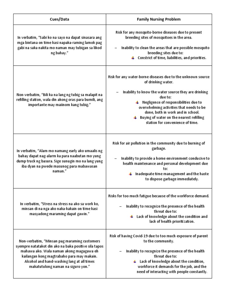 Cues/Data Family Nursing Problem | PDF | Environmental Health | Health ...