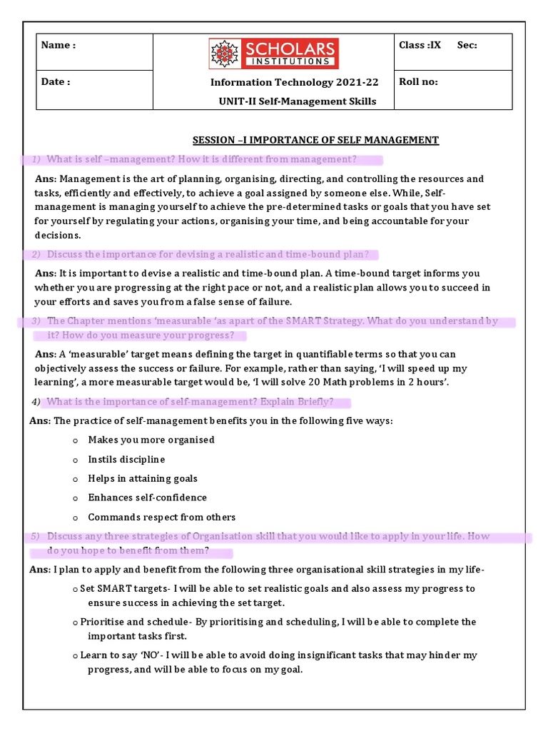 Self Management Skills Q/A | PDF | Goal | Decision Making