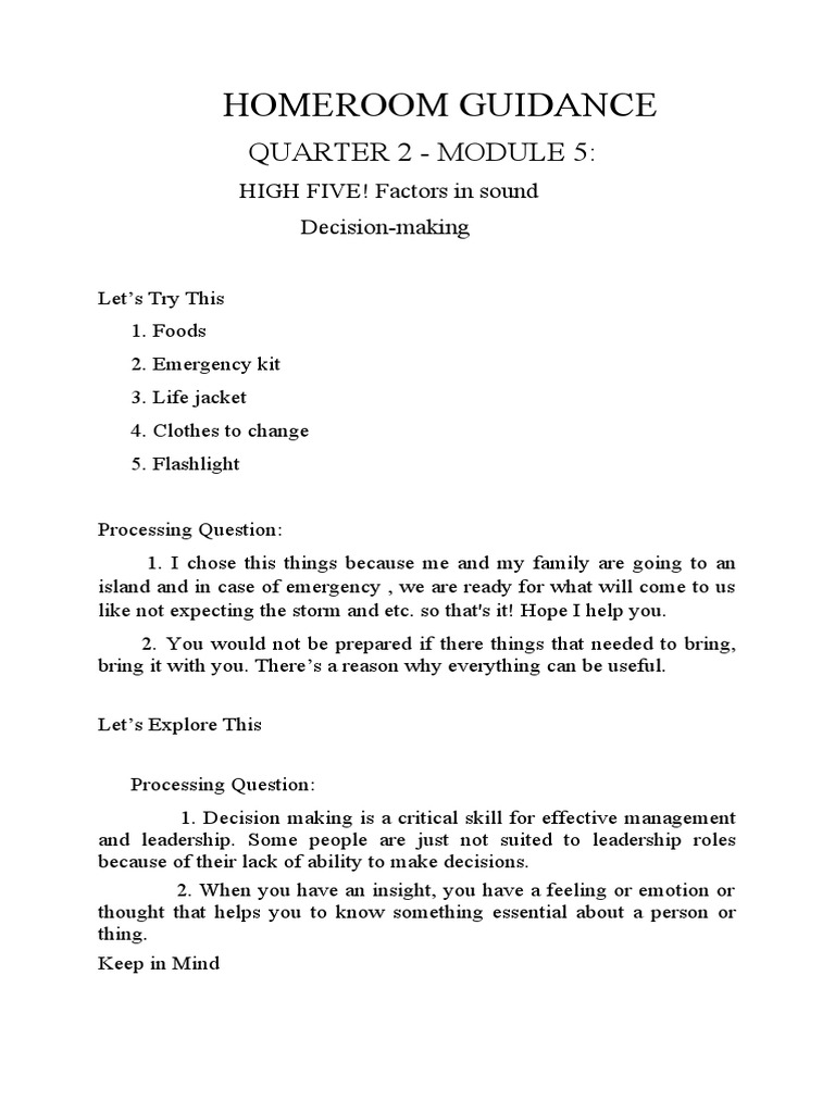 Homeroom Guidance | PDF | Feeling | Decision Making