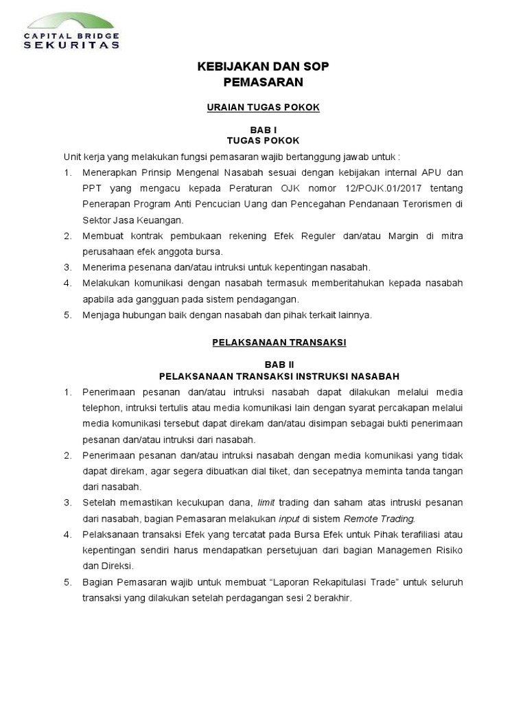 Kebijakan dan SOP Pemasaran Efek | PDF | Bisnis | Pengelolaan Keuangan ...