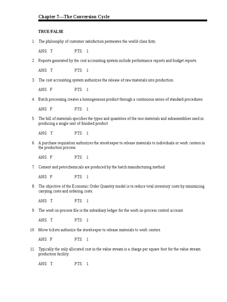 Chapter 7-The Conversion Cycle: True/False | PDF | Inventory | Cost Accounting