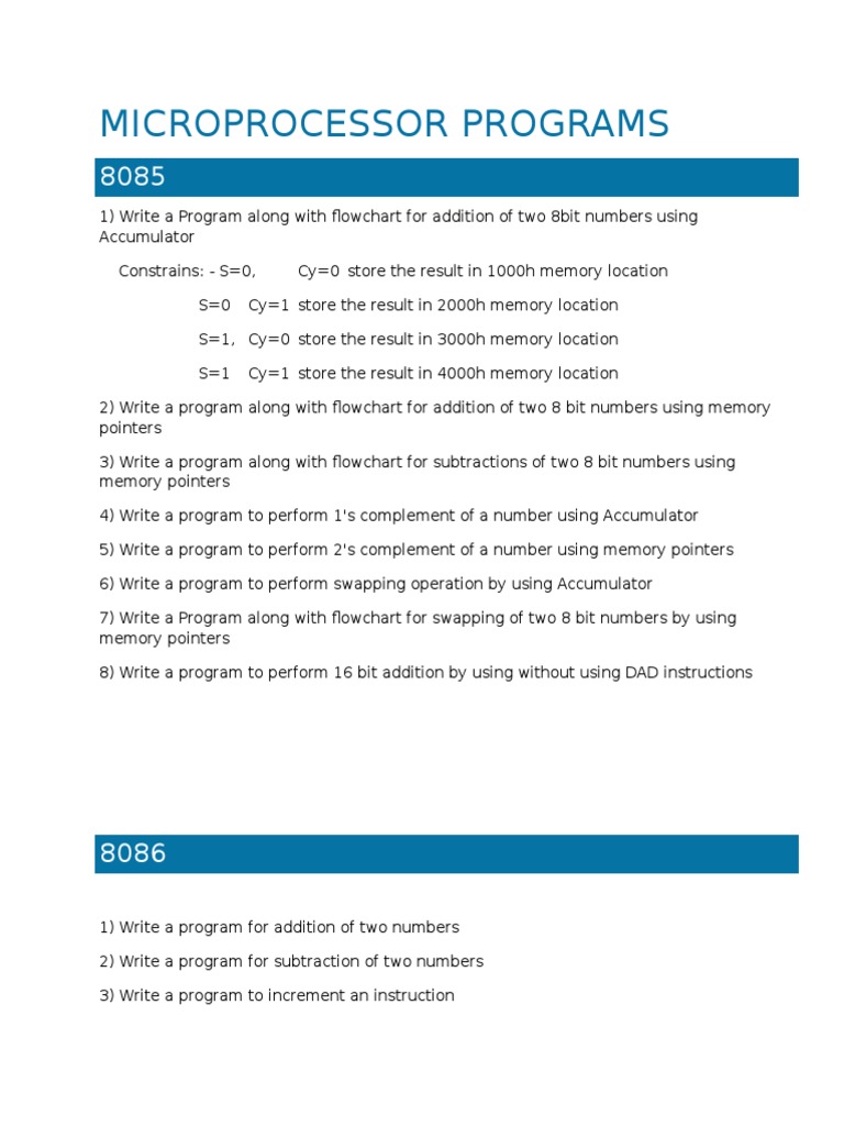 8085 and 8086 Microprocessor Programs for Addition, Subtraction, and ...