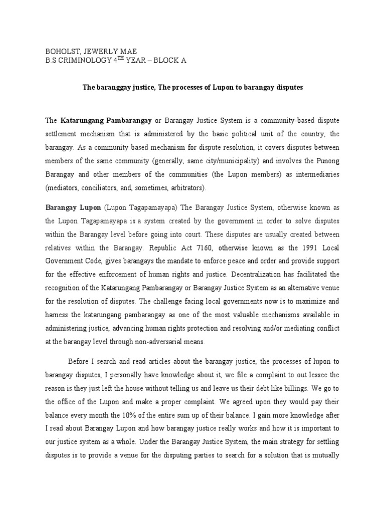The Baranggay Justice, The Processes of Lupon To Brgy Disputes | PDF ...