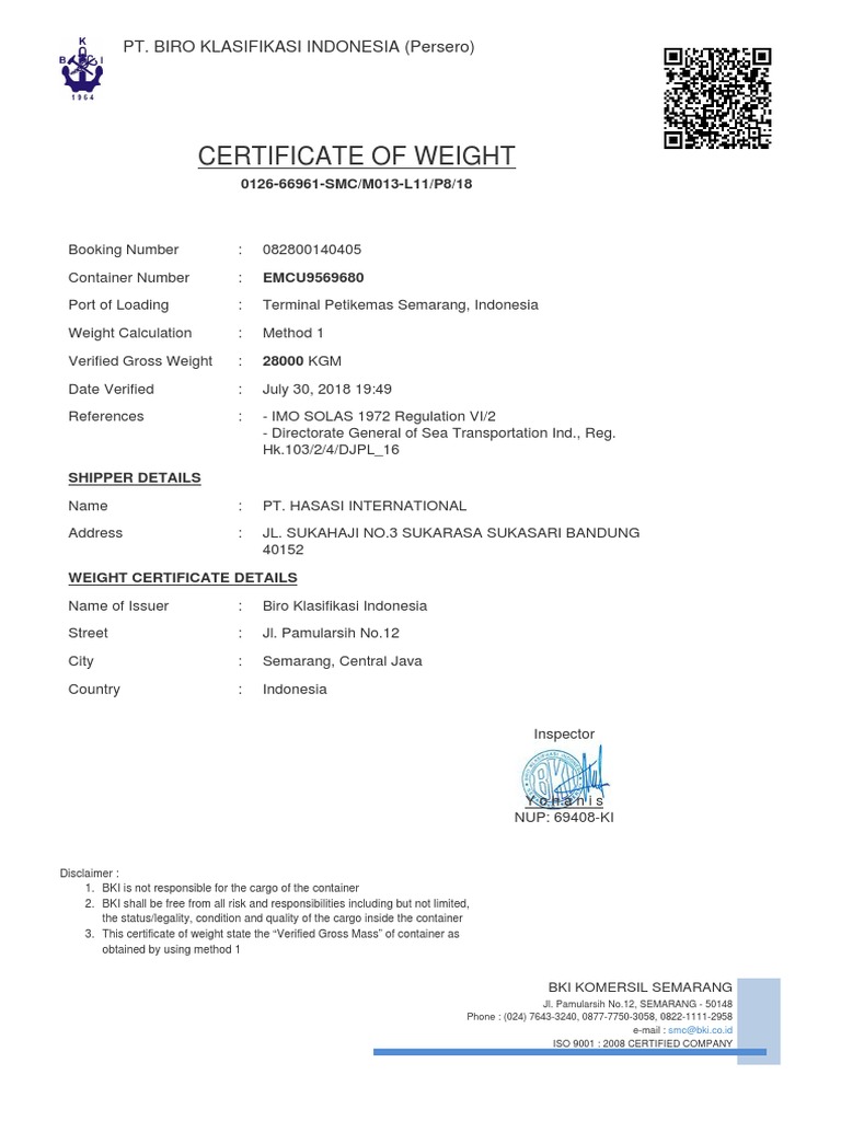 Certificate of Weight: Pt. Biro Klasifikasi Indonesia (Persero ...