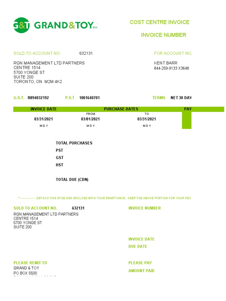 Cost Centre Invoice Invoice Number: Sold To Account No. For Account ...