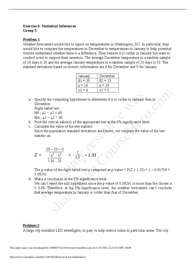 This Study Resource Was: Exercise 6-Statistical Inferences Group 5 Problem 1 | PDF | P Value ...