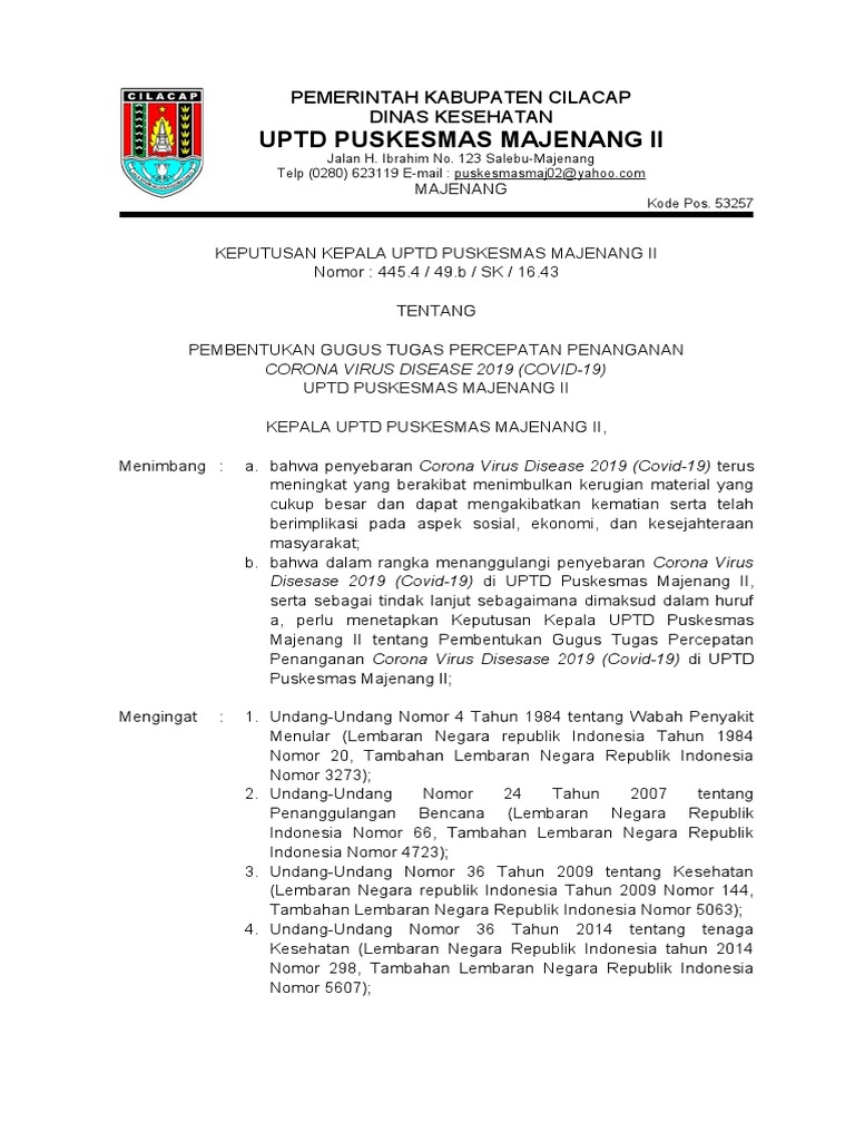 SK Pembentukan Satuan Tugas (Satgas) Percepatan Penanganan Covid-19 | PDF