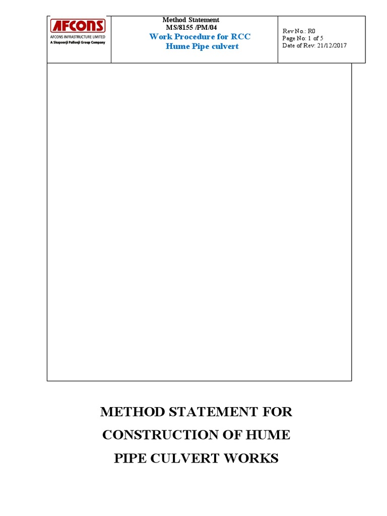 Method Statement For Construction of Hume Pipe Culvert Works | PDF ...