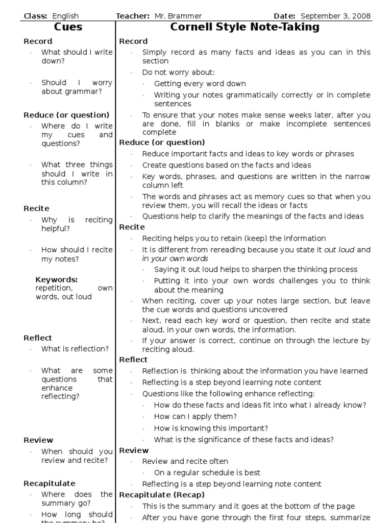 Cornell Style Notes Format | PDF | Phrase | Linguistics