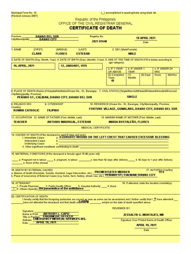 Certificate of Death: Republic of The Philippines Office of The Civil ...