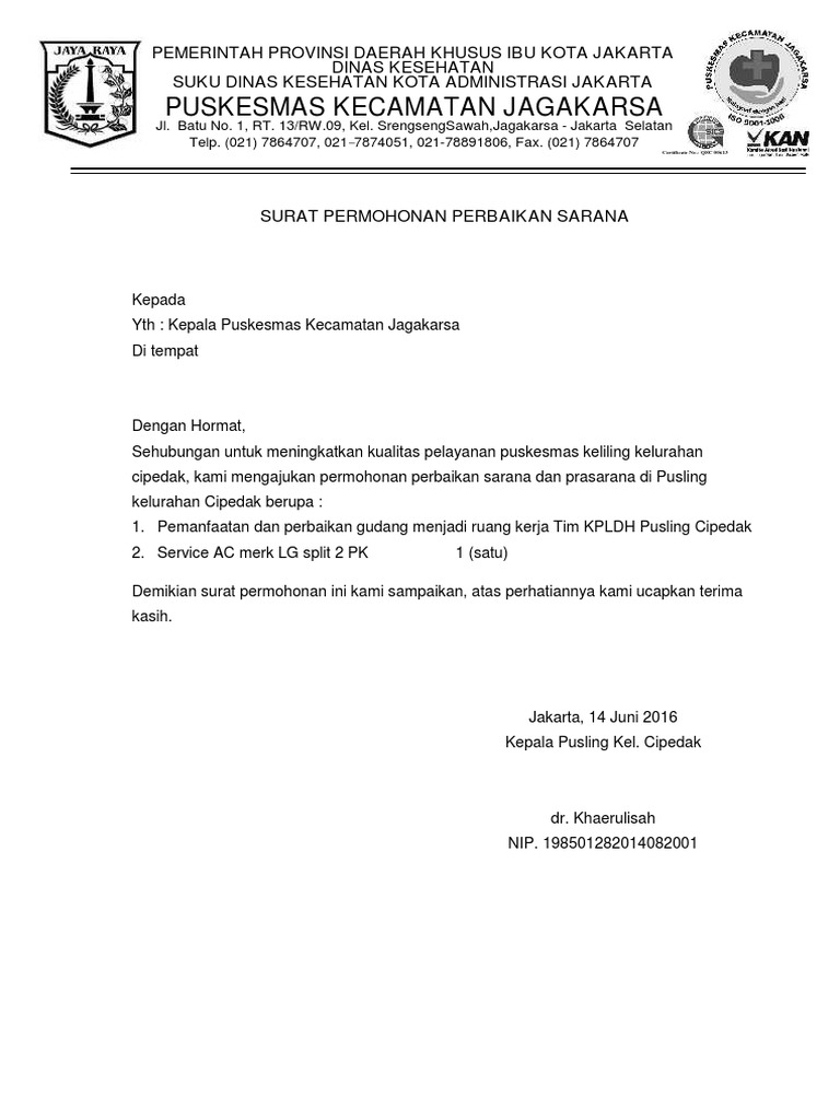 Contoh SURAT - PERMOHONAN - PERBAIKAN - SARANA | PDF