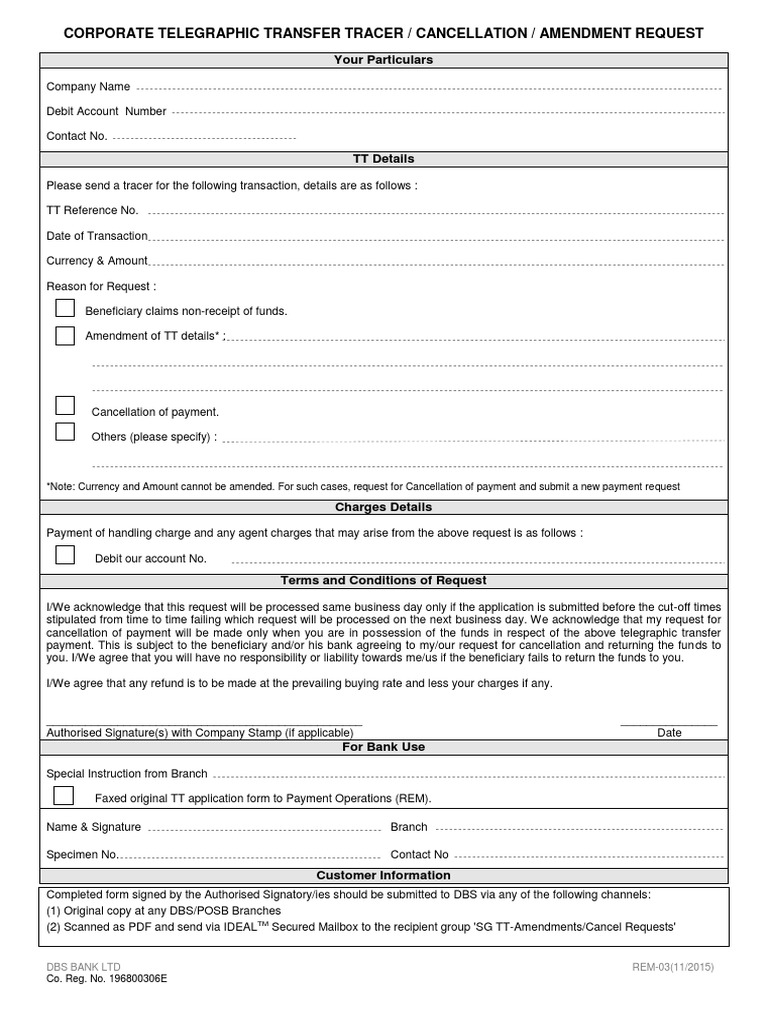DBS Corporate TT Tracer Request Form | PDF | Payments | Banks