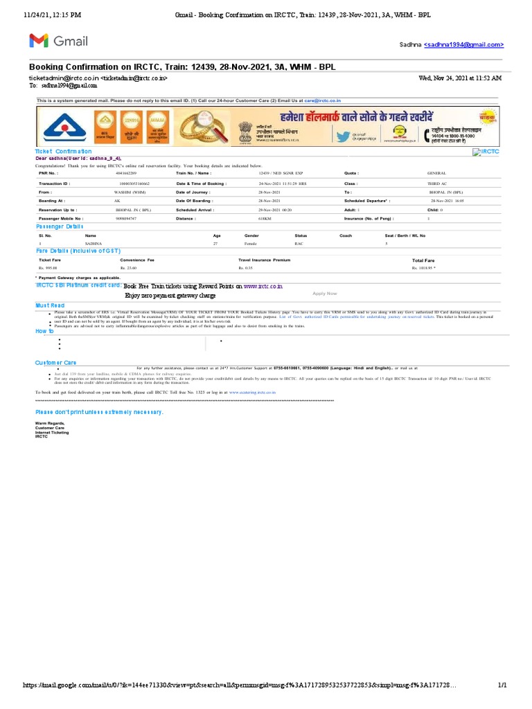 IRCTC Train Ticket Confirmation Details | PDF | Credit Card | Financial ...