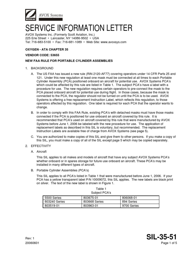 Service Information Letter: Oxygen - Ata Chapter 35 VENDOR CODE: 53655 ...
