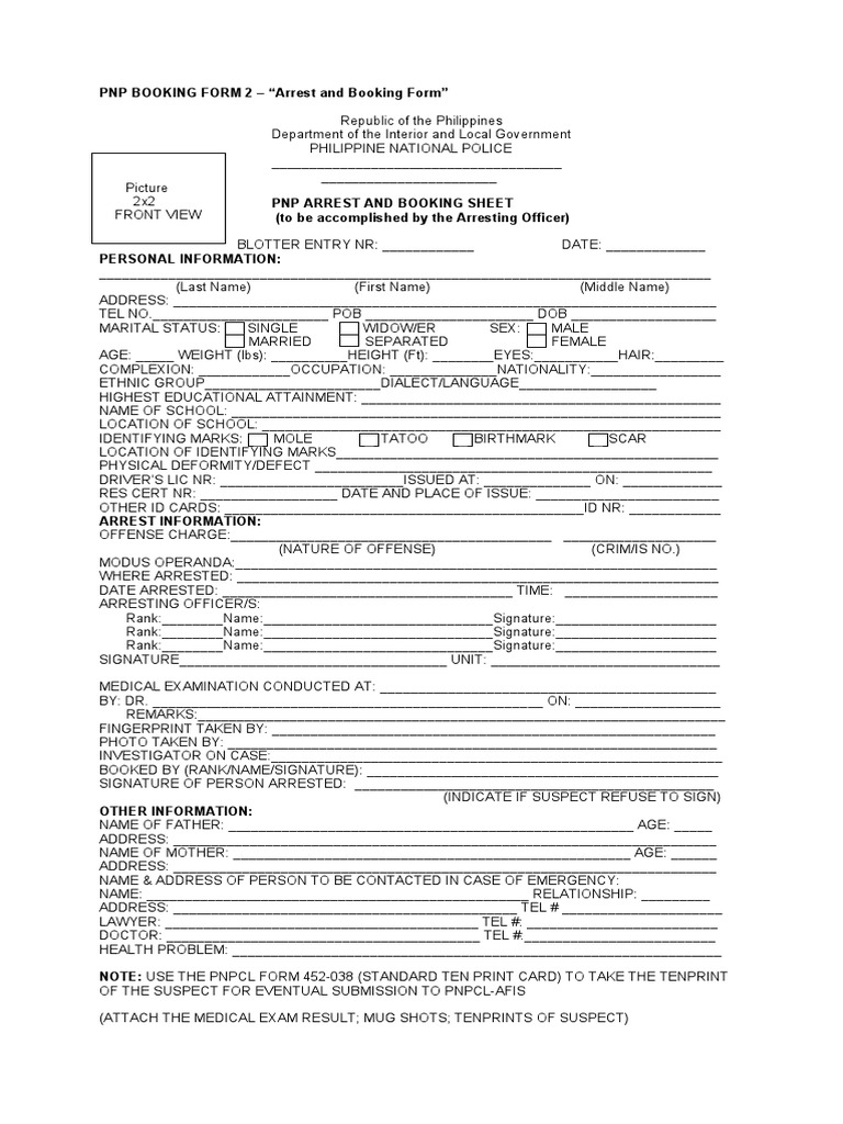 PNP Arrest and Booking Form 2 | PDF | Criminal Justice | Crime & Violence