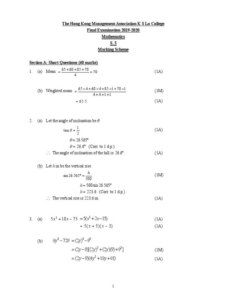 S3 Maths Final Exam 2019-2020 (Marking Scheme) | PDF | Euclidean ...