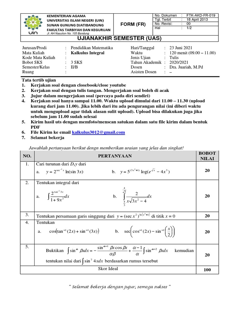 UAS Kalkulus Integral UIN Bandung | PDF