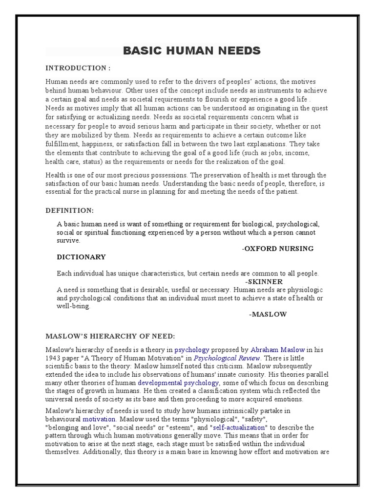 Basic Human Needs New | PDF | Self Esteem | Behavioural Sciences