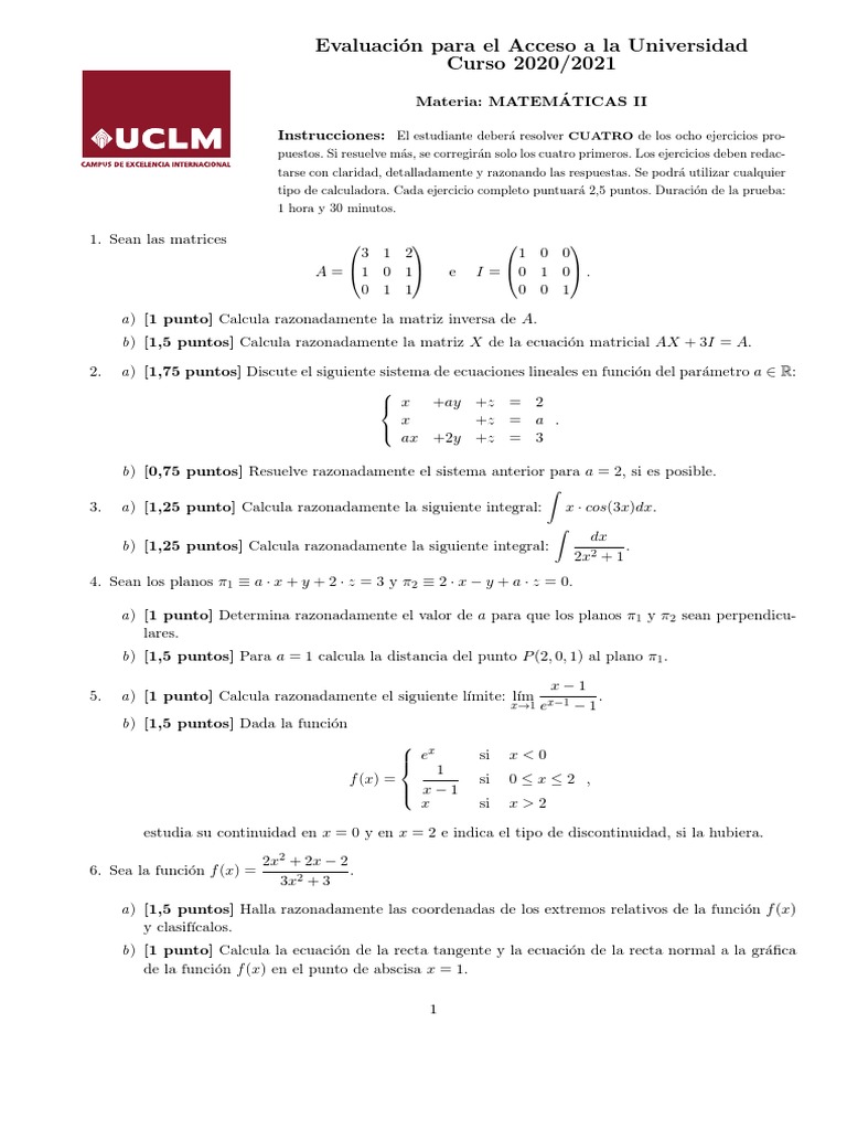 Modelo EVAU Julio 2021 Matemáticas II Castilla La Mancha | PDF | Matriz (Matemáticas) | Ecuaciones