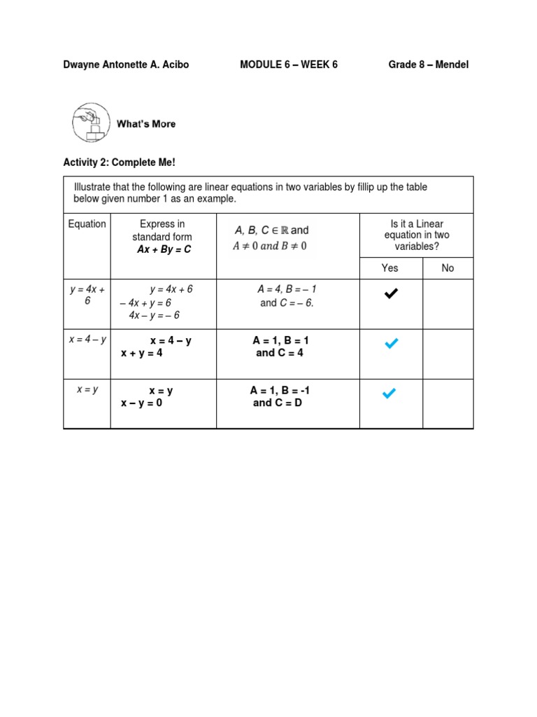 Grade 8 Mathematics: Linear Equations in Two Variables | PDF