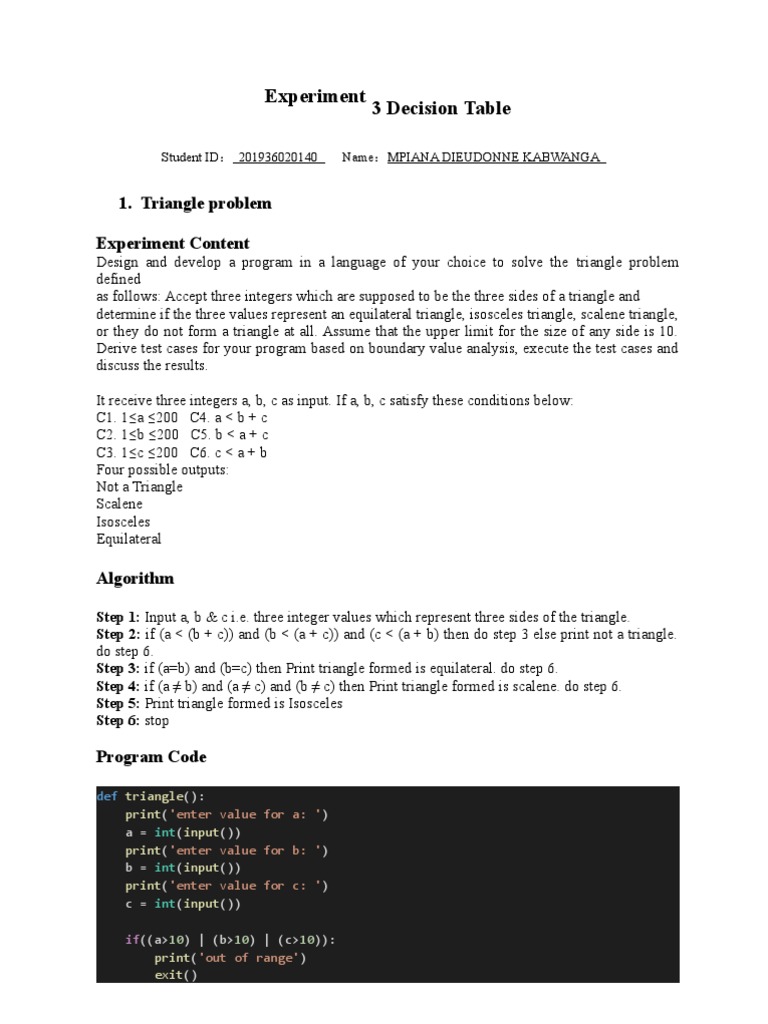 Triangle Problem Decision Table Analysis | PDF | Triangle | Computer ...