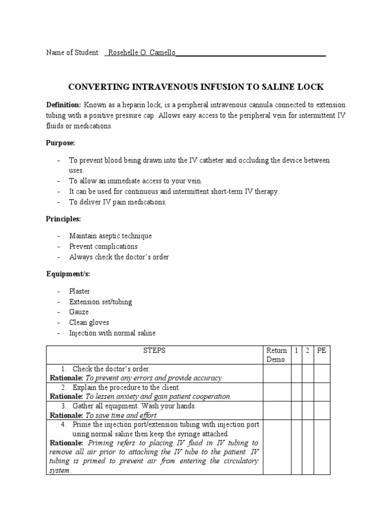 Converting Intravenous Infusion To Saline Lock | PDF | Intravenous ...