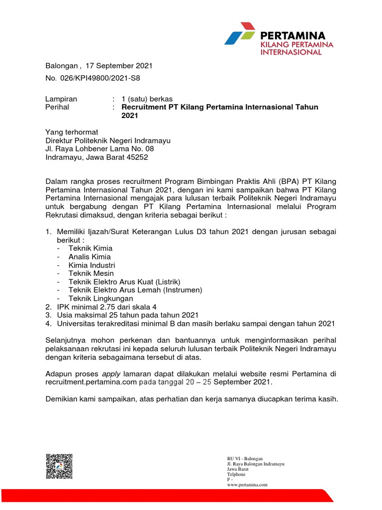 Surat - Keluar - 026 - KPI49800 - 2021-S8 - Polindra | PDF | Teknologi & Rekayasa