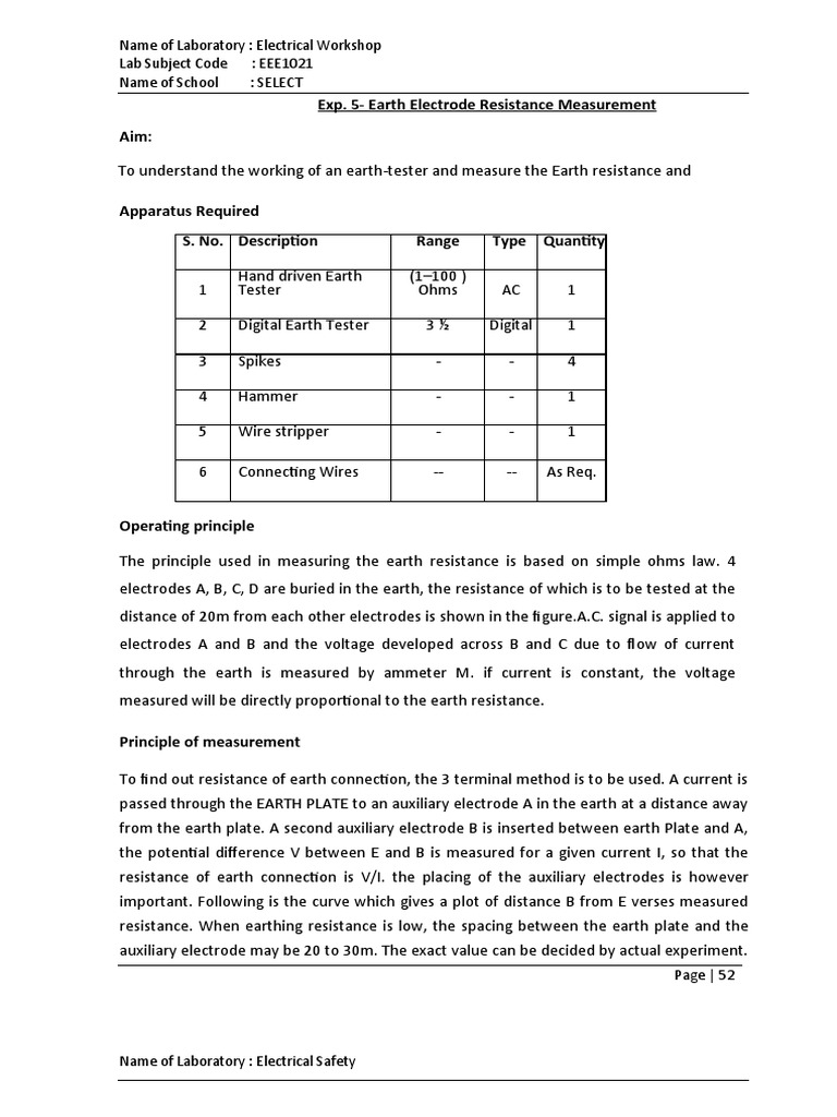 Exp. 5-Earth Electrode Resistance Measurement Aim | PDF | Electrical ...