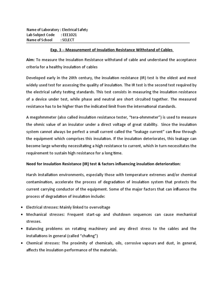 Reference Material I 24-08-2021 Exp 3 Insulation Resistance | Download ...