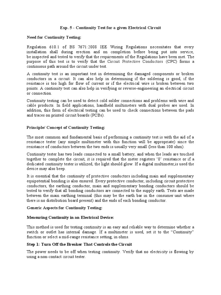 Exp. 5 - Continuity Test For A Given Electrical Circuit Need For ...