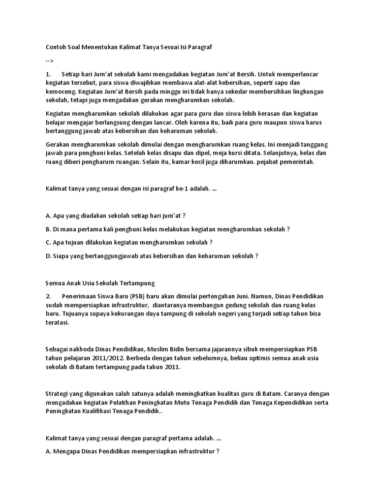 Contoh Soal Menentukan Kalimat Tanya Sesuai Isi Paragraf (CAMPUR2) | PDF