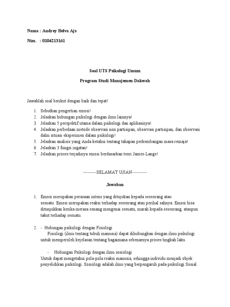 Soal UTS Psikologi Umum | PDF | Karier & Perkembangan | Pengembangan Diri
