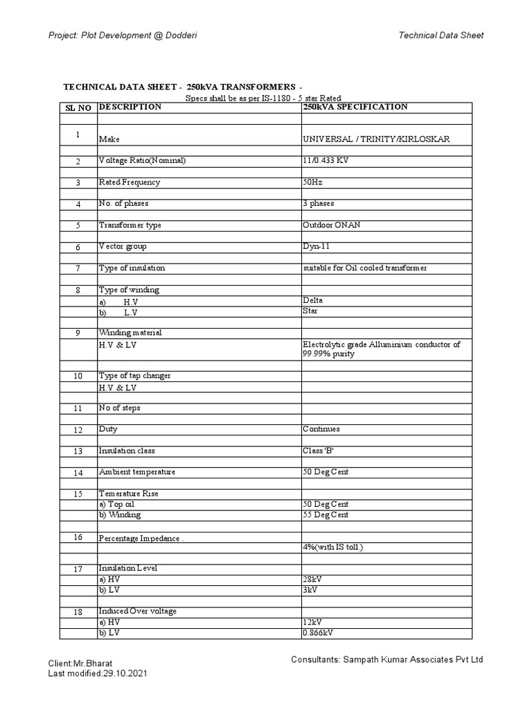 Technical Data Sheet - 250kva Transformers | PDF | Transformer ...