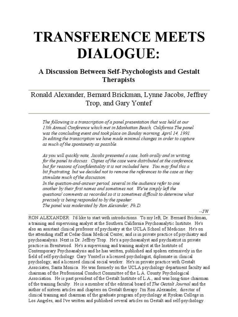Transference Meets Dialogue | PDF | Gestalt Therapy | Psychotherapy