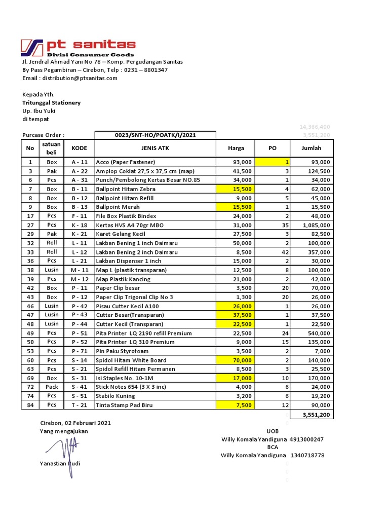 Pengajuan PO Ke Tritunggal 030221 | PDF | Stationery | Printing