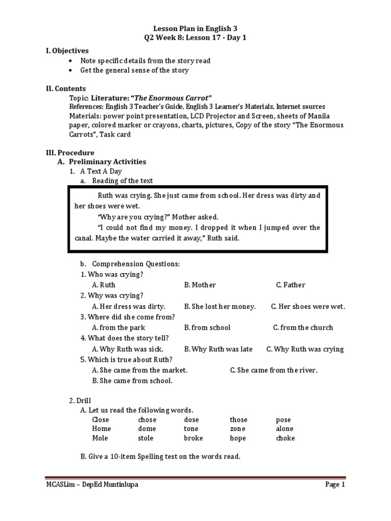 Lesson Plan in English 3 Q2 Week 8: Lesson 17 - Day 1 I. Objectives ...