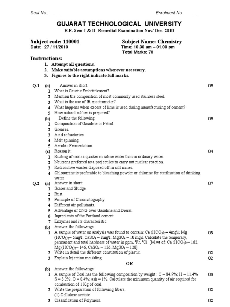 GTU B.E. Sem-I & II Remedial Exam Nov 2010 Chemistry | PDF | Cement ...