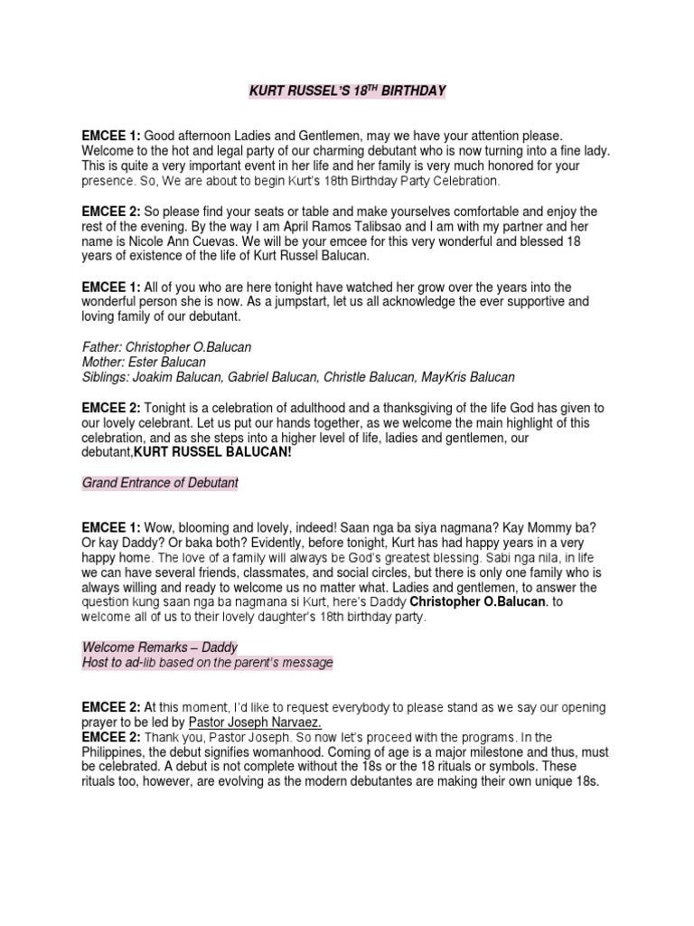 Emcee Script For Debut (Taglish) | PDF
