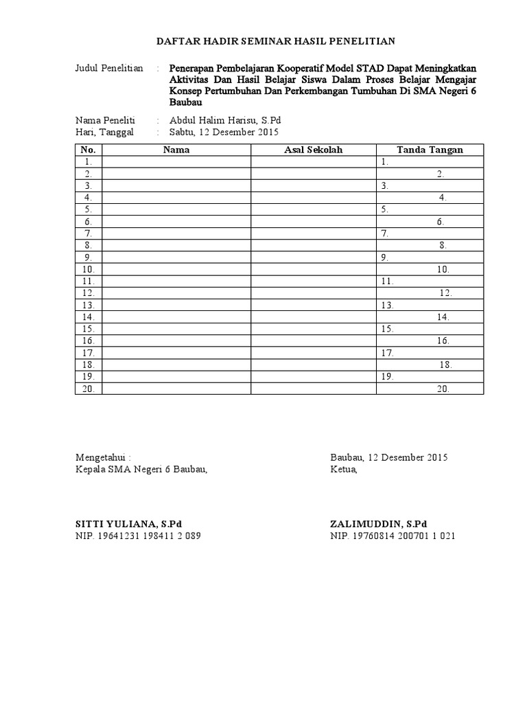 Daftar Hadir Seminar Hasil Penelitian | PDF
