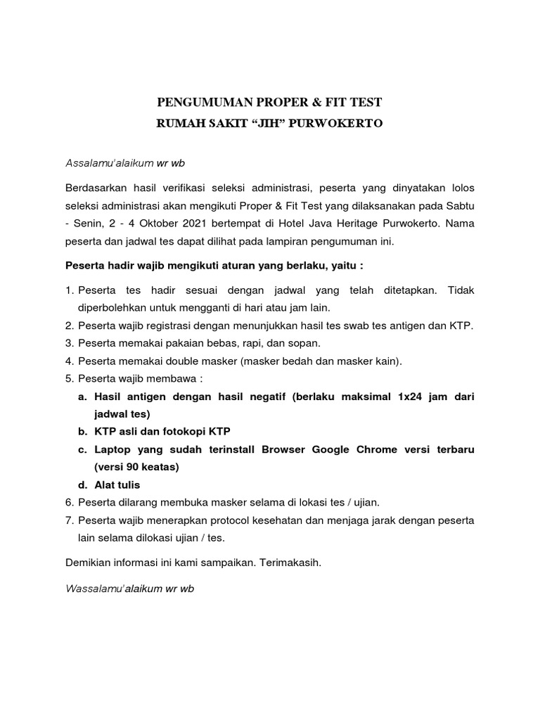 Pengumuman Tes Proper & Fit 2021 | PDF