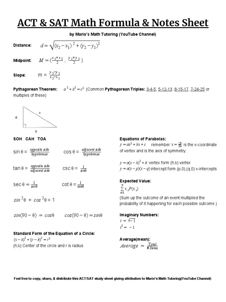 Act-Sat Formulas Notes | PDF | Area | Trigonometric Functions