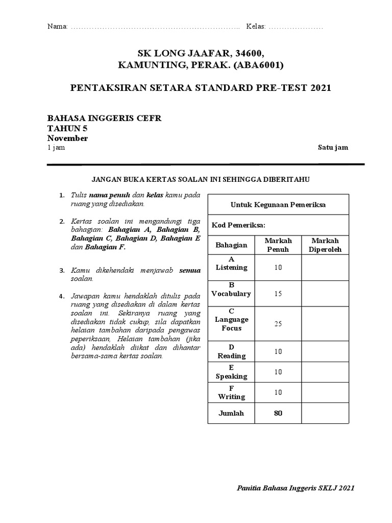 Bi Cefr Year 5-Pre-Test 2021 | PDF | Linguistics | Communication