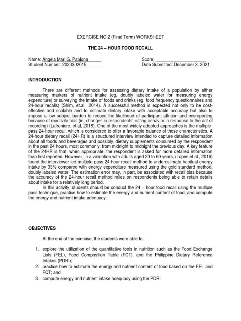 Exercise No. 2 The 24 Hour Food Recall | PDF | Foods | Diet & Nutrition