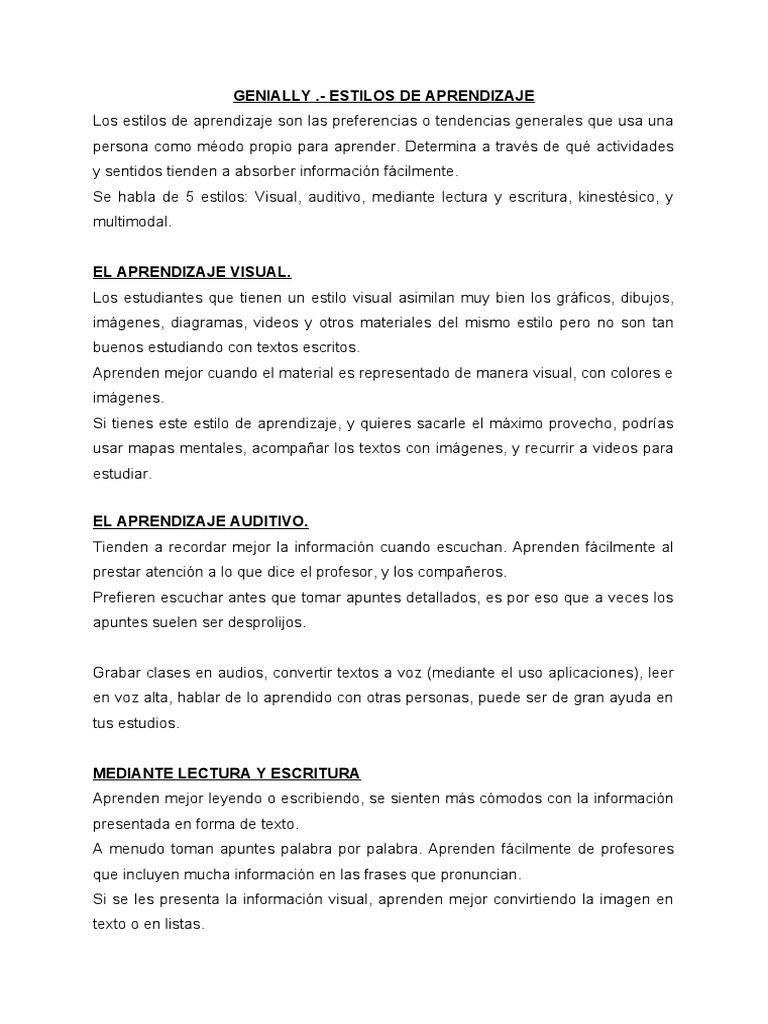 Estilos de Aprendizaje: Guía Completa | PDF | Aprendizaje | Aprendiendo ...