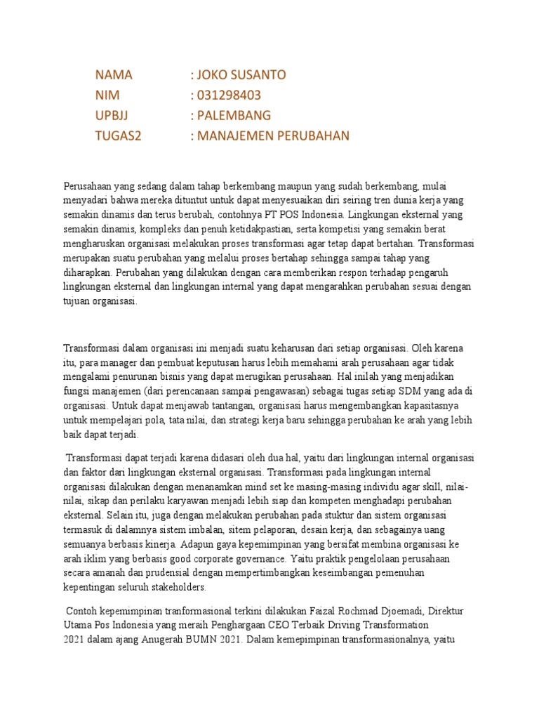 Tugas 2 Manajemen Perubahan | PDF | Karier & Perkembangan | Bisnis