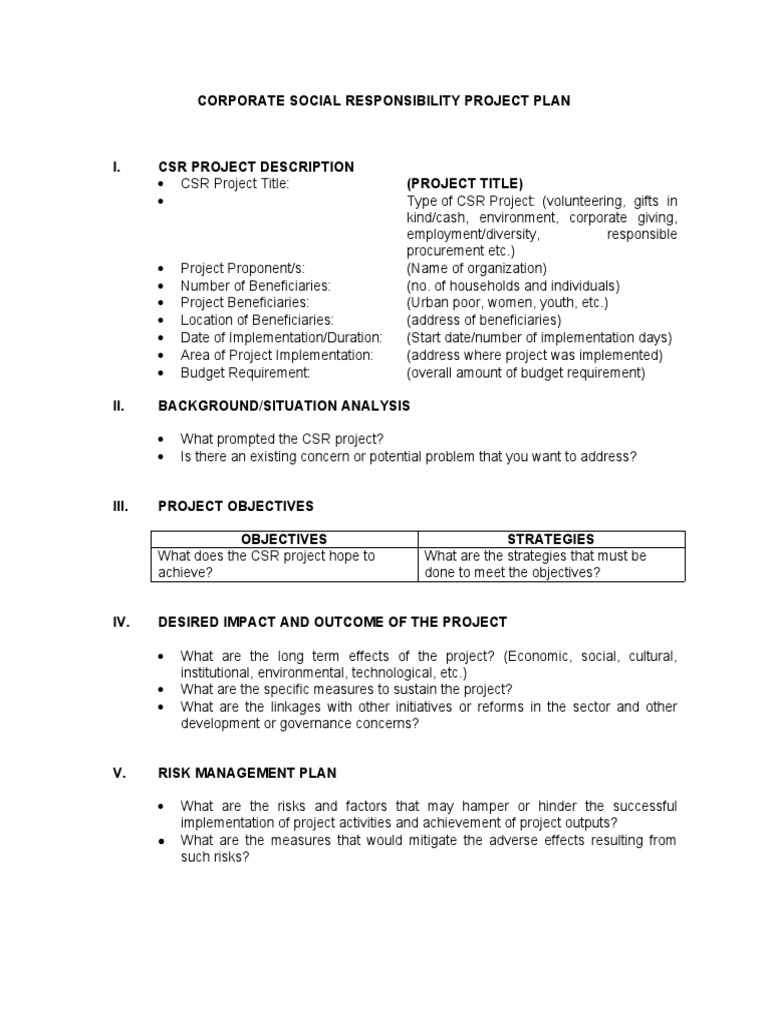 Corporate Social Responsibility Project Plan | PDF | Corporate Social Responsibility | Risk