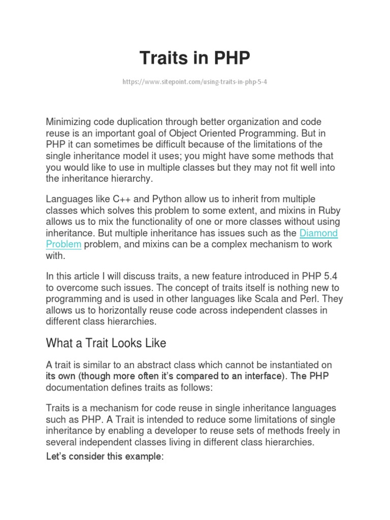 Traits In Php What A Trait Looks Like Pdf Class Computer Programming Inheritance